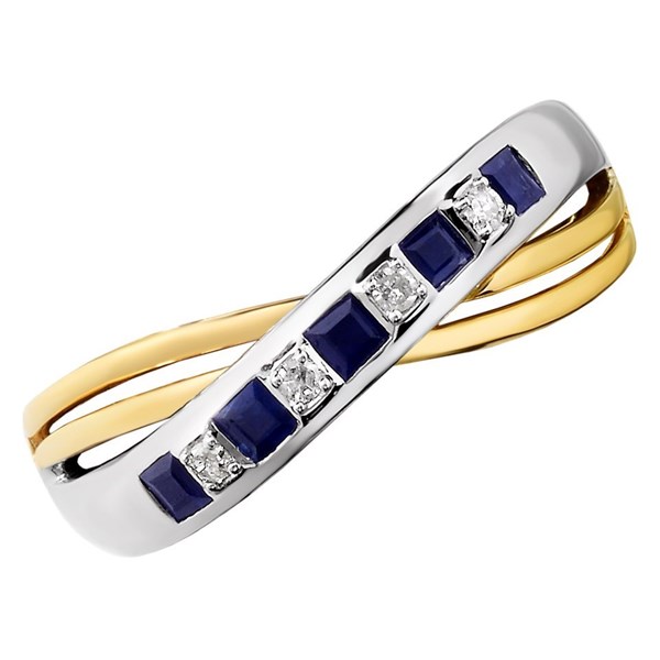9ct Gold Two Colour Sapphire And Diamond Crossover Band Ring ...